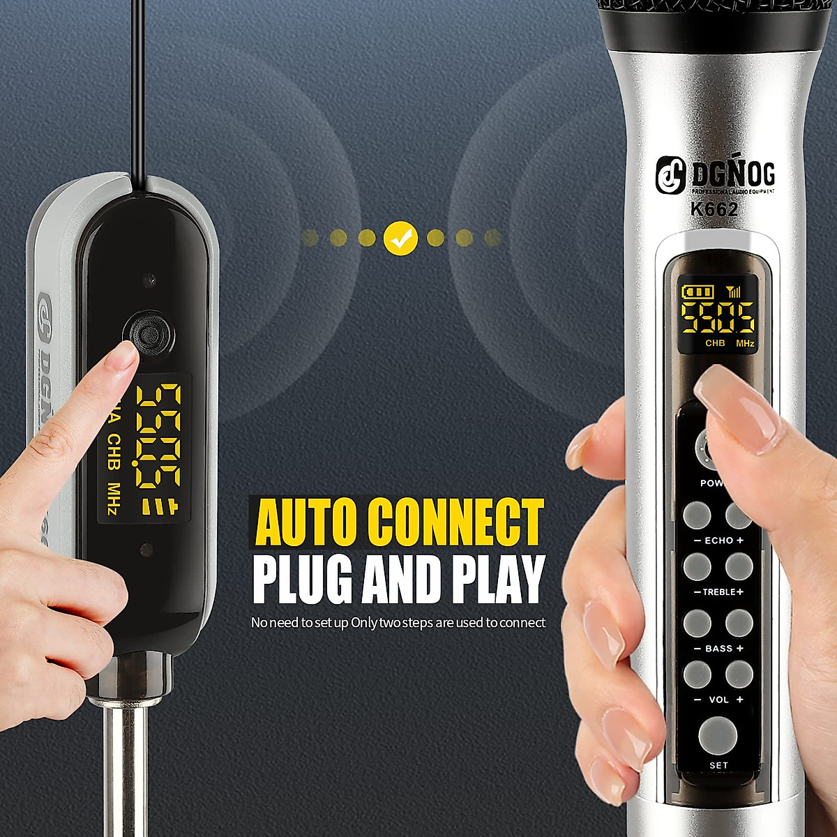 DGNOG K662 Metal Wireless Microphones with Echo, UHF Dual Cordless Handheld Karaoke Dynamic Mic System with Rechargeable Receiver, 200FT Range for Singing, Wedding, Speech, Dj, Church, Party