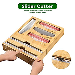 THE AJ STORE Storage Bag Organizer: 6-in-1 Bamboo Slider Bag Dispenser for Kitchen Drawer with Aluminum Foil and Wrap Cutter, Compatible with Ziploc Hefty Glad Solimo - Gallon Quart Sandwich Snack