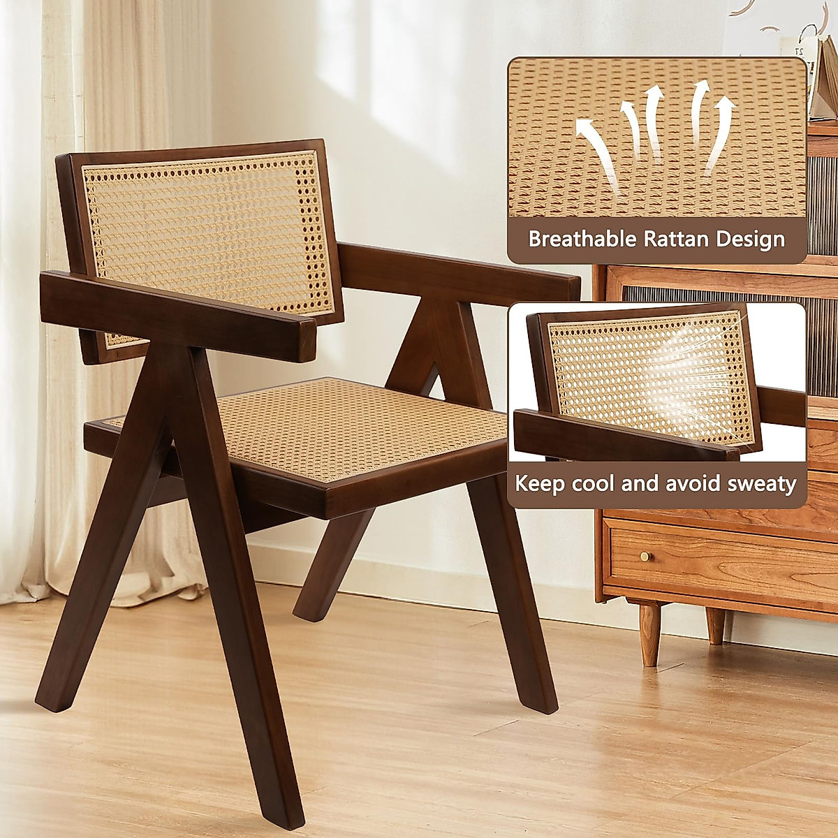 CLATINA Rattan Reading Chairs for Bedroom Comfy Indoor Kitchen Dining Chair with Rattan Backrest Armrest Morden Upholstered Square Seat Chairs for Home Living Room Coffee Wine Bar (2PK)