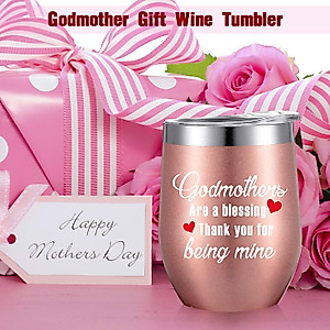 Wine Tumbler Godmother Appreciation Gift Godmothers Are a Blessing Thank You for Being Mine, Baptism Gift Wine Glass Tumbler with Lid, Straw and Gift Box (Rose Gold)