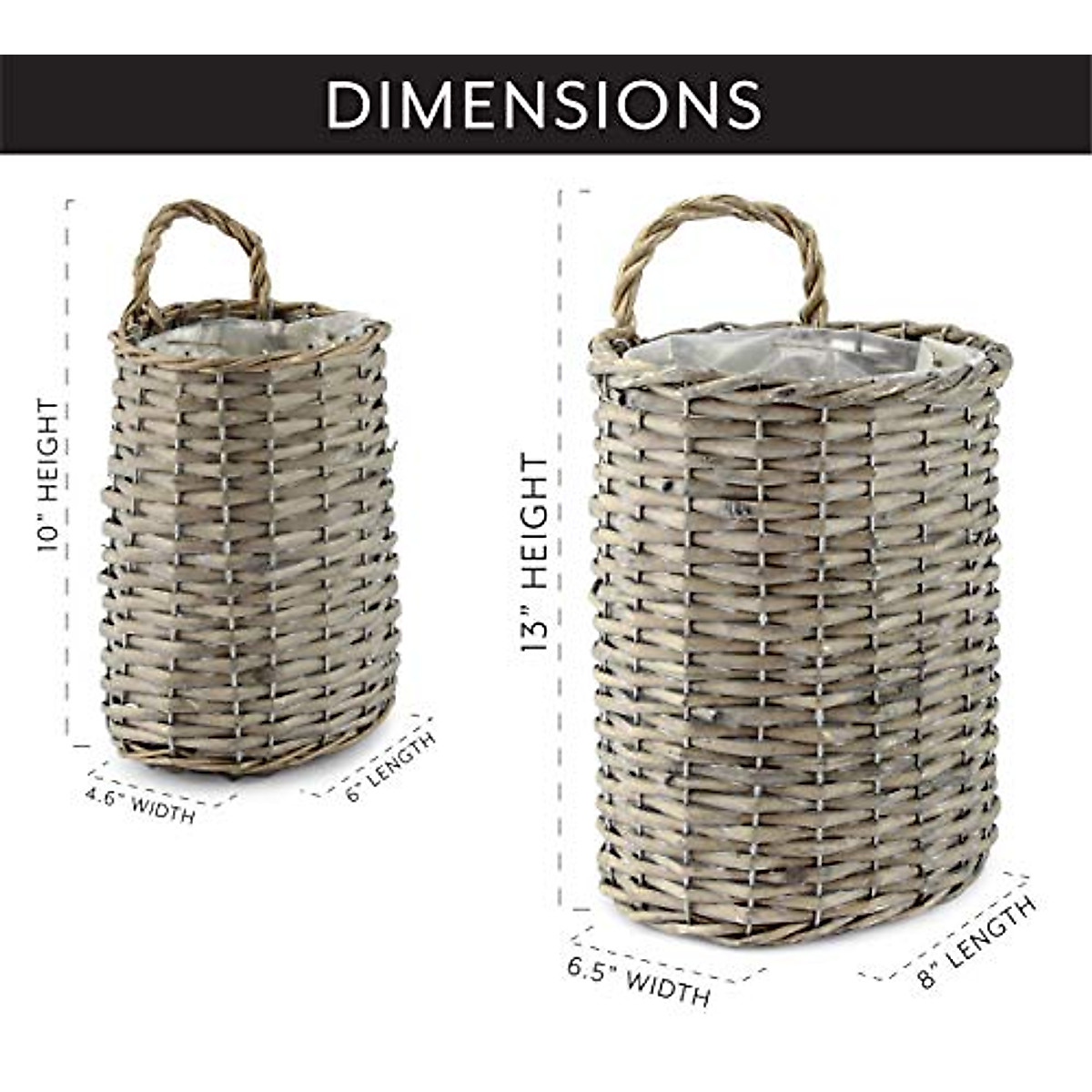 AuldHome Wall Hanging Baskets (Set of 2, Gray); Woven Wicker Rustic Farmhouse Gray Washed Door Baskets, Small and Medium Size