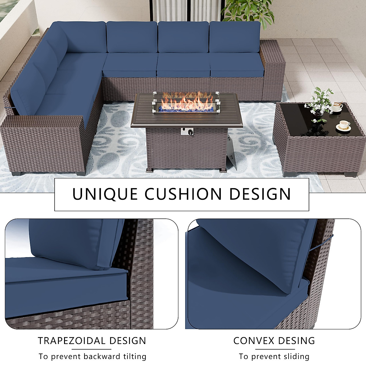 Rwnnad Patio Furniture Set Sofa 7-pcs Wicker Sectional Sofa Set with 55,000 BTU Gas Fireplace Table,Outdoor Furniture Rattan Sets with Tempered Glass Coffee Table