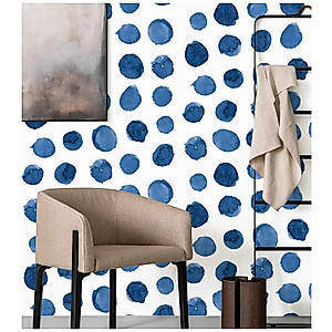 HAOKHOME Boho Peel and Stick Wallpaper Watercolor Brush Strokes Dots Removable Indigo Blue/White Vinyl Self Adhesive Contactpaper 17.7in x 9.8ft