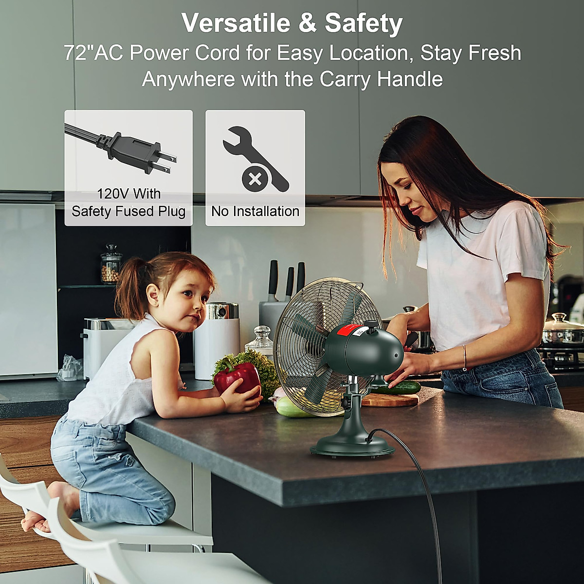 AMACOOL Oscillating Vintage Fan, All Metal Retro Table Top Fan, Adjustable Head Tilt, Quiet 3 Speeds Plug-In Desk Fan for Bedroom Home Office & Kitchen