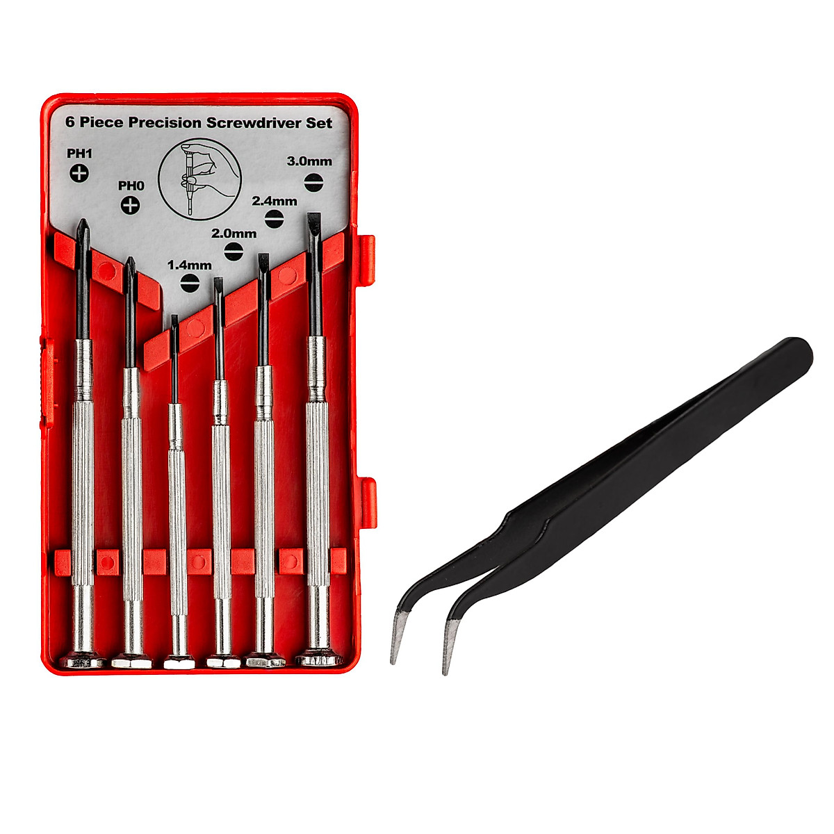 Mini Screwdriver Set Plus Tweezer, 7 PCS Total, Small Screwdriver Set with 6 Different Size Flathead and Phillips Screwdrivers, Precision Screwdriver Set for Jewelry, Watch, iPhone, Eyeglass Repair