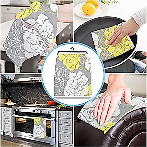 Yun Nist Kitchen Dish Towels,Yellow White Flower Lines Soft Microfiber Dish Cloths Reusable Hand Towels,Watercolor Floral Seamless Grey Washable Tea Towel for Dishes Counters 1 Pack