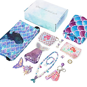 Mermaid Gifts Birthday Gifts for Girls 3 4 5 6 7 8 9 10 11 12 Years Old, Little Mermaid Tail Blanket Mermaid toys Jewelry Makeup Set, Christmas Gifts for Teen Girls