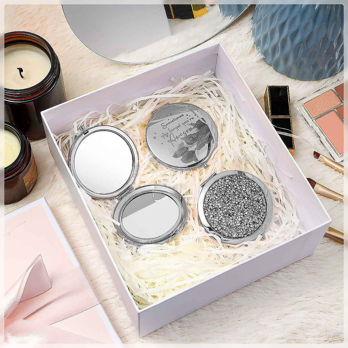 Roowest 10 Pcs Inspirational Compact Mirror Sometimes You Forget You're Awesome Appreciation Thank You Gifts for Women Employee Coworker Staff Birthday Favor Magnifying Pocket Mirror (White)