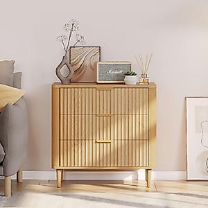 YITAHOME 3 Drawer Dresser for Bedroom, 32 inch Tall Mid Century Modern Chest of Drawers, Waveform Fluted Side Table with Curved Profile Design, Wood Drawer Organizer, Natural Oak