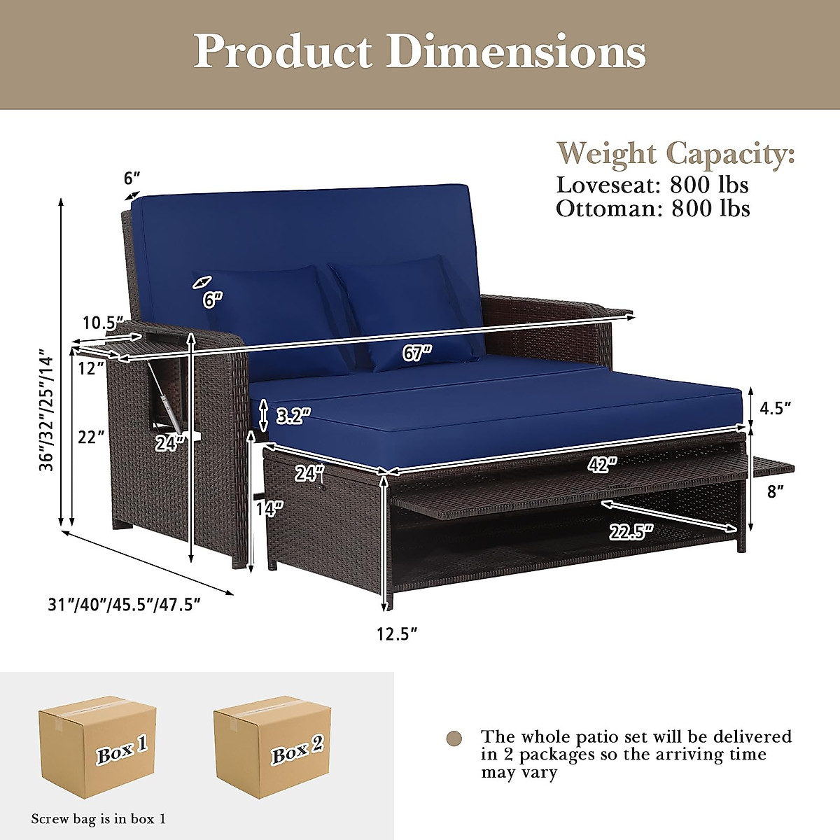Tangkula Patio Rattan Daybed Set, Wicker Loveseat Sofa w/Multipurpose Ottoman & Retractable Side Tray, 4-Level Adjustable Backrest, Footstool w/Storage, Seat & Back Cushion Included (Navy)