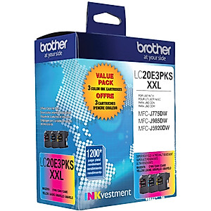 Brother Genuine High Yield Color Ink Cartridge, 3 Pack of LC20E, Replacement Color Ink Three Pack, Includes 1 Cartridge Each of Cyan, Magenta & Yellow, Page Yield Up to 1200 Pages/Cartridge, LC20E