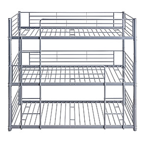 BIADNBZ Triple Bunk Bed with Built-in Ladder and Full-Length Guardrails, Twin Size Metal Bunkbeds w/Sturdy Frame for Kids, Boys, Girls, Teens, Divided into Three Separate Beds,Gray
