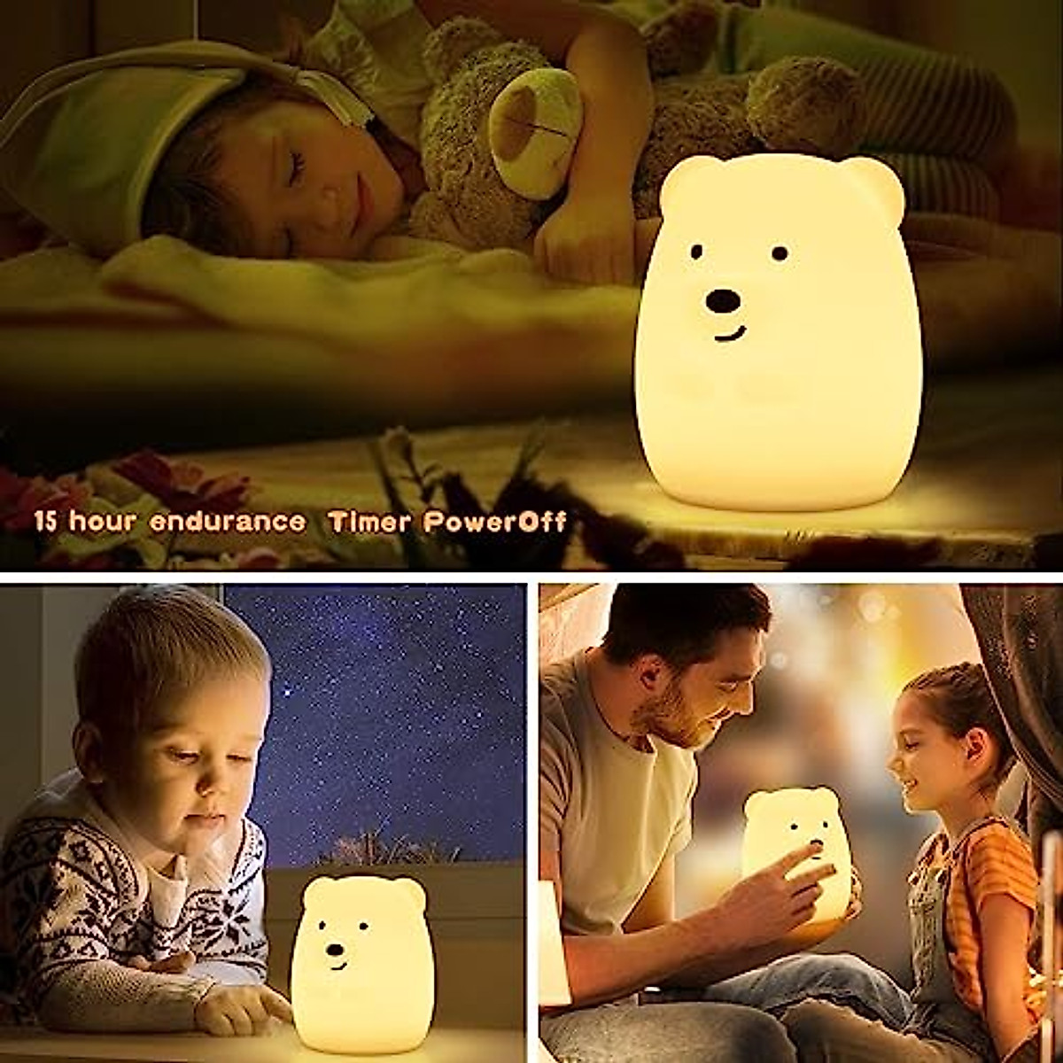 PAMANO LED Nursery Night Lights for Kids -USB Rechargeable Cute Animal Silicone Lamps with Touch Sensor and Remote Control -Portable Color Changing Glow Soft Cute Baby Infant Toddler Gift (Bear)