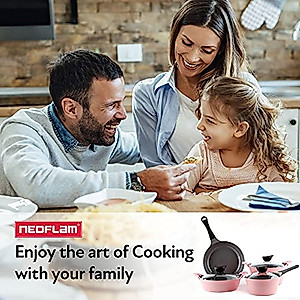 Neoflam Eela 7pc Ceramic Coated Nonstick Cookware Pots&Pan Set with Saucepan, Frying Pan, Casserole Stockpot, Glass Lids, Silicone Hot Handle Holder Included, 7-Piece,Pink