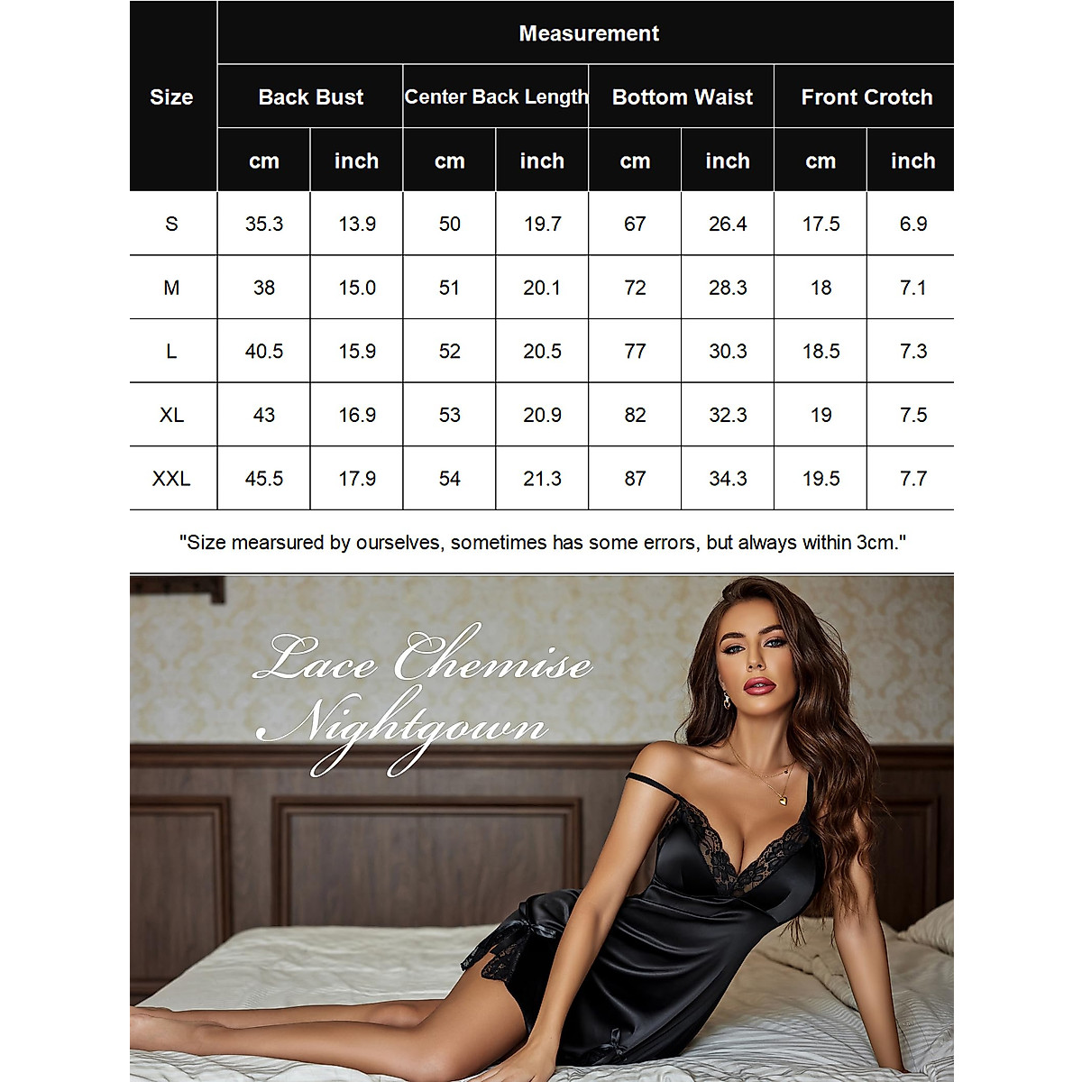 ADOME Women Lingerie Lace Chemise Nightgown Satin Babydoll Nightwear Silk Slip Dress Black M