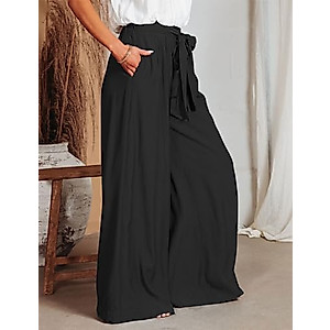 Rheane Wide Leg Pants for Women Palazzo Black Linen Flowy Pants High Waisted Smocked Waist Belt Boho Beach Holiday 2023 Fall (Black L)