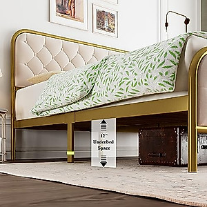 Feonase Queen Size Bed Frame, Upholstered Bed Frame with Diamond Tufted Headboard, Heavy Duty Metal Slats, 12" Storage Space, No Box Spring Needed, Easy Assembly, Gold