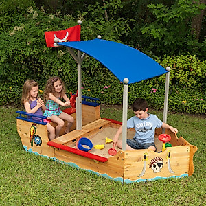 KidKraft Wooden Pirate Sandbox with Canopy, Covered Children's Sandbox, Outdoor Furniture - Blue & Red, Gift for Ages 3-8