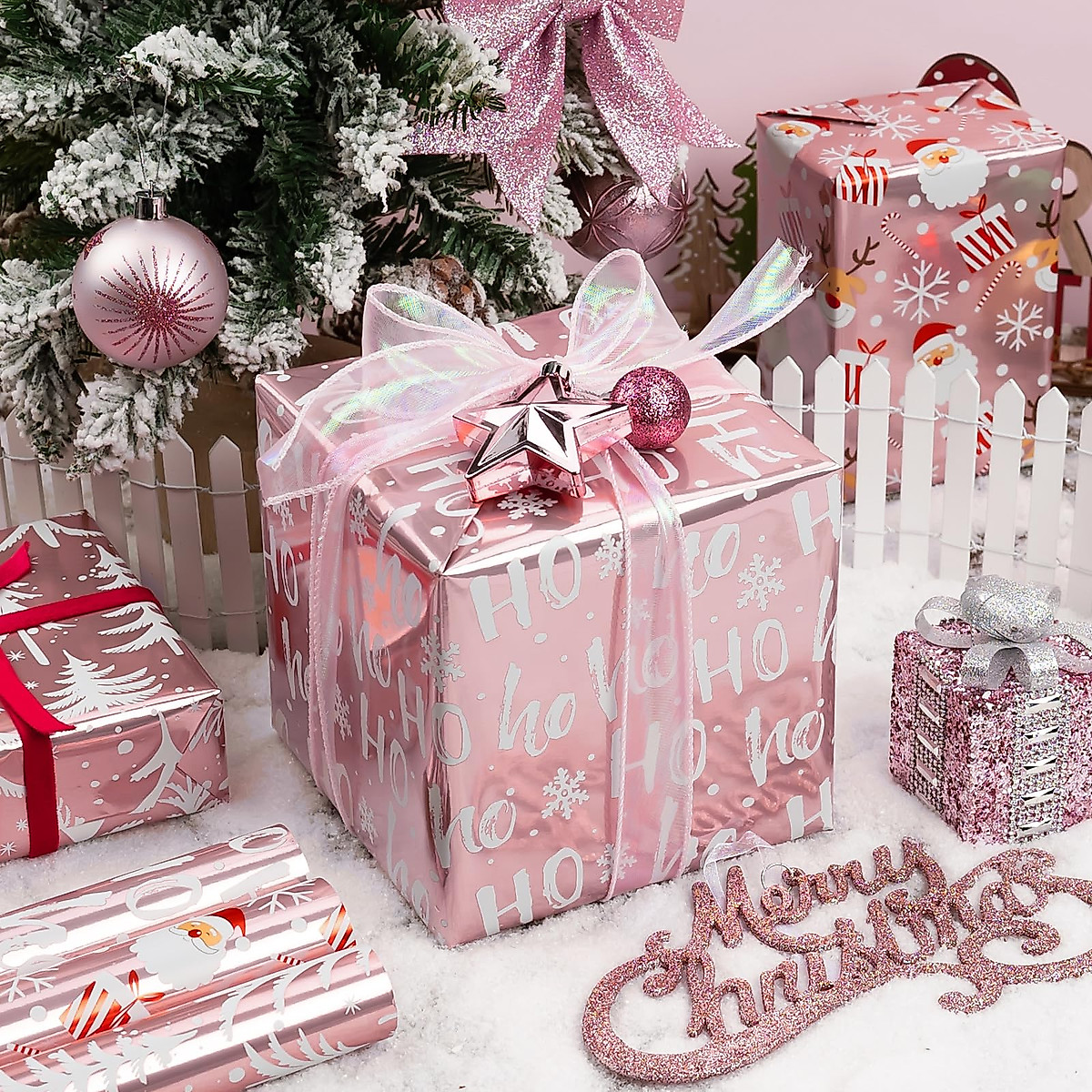 Afucus Reversible Pink Christmas Wrapping Paper, Christmas Tree, Joy Candy Cane, Snowflake, Reindeer, and HO Santa Laughter Themed Gift Wrap Paper, Mini Rolls for Christmas (17 Inch X 120 Inch)