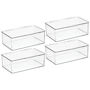 mDesign Plastic Playroom and Gaming Storage Organizer Box Containers with Hinged Lid for Shelves or Cubbies, Holds Small Toys, Building Blocks, Puzzles, Markers, Controllers, or Crayons, 4 Pack, Clear