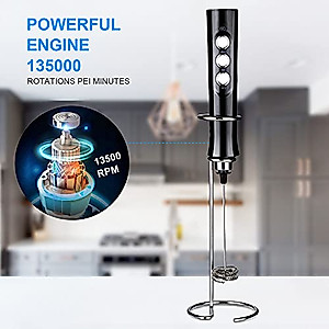 Milk Frother Handheld, Rechargable Coffee Foam Maker with Stand & 2 Whisks, Wanderland 3 Speeds Electric Coffee Mixer for Coffee, Lattes, Cappuccino, Matcha, Hot Chocolate (Black）