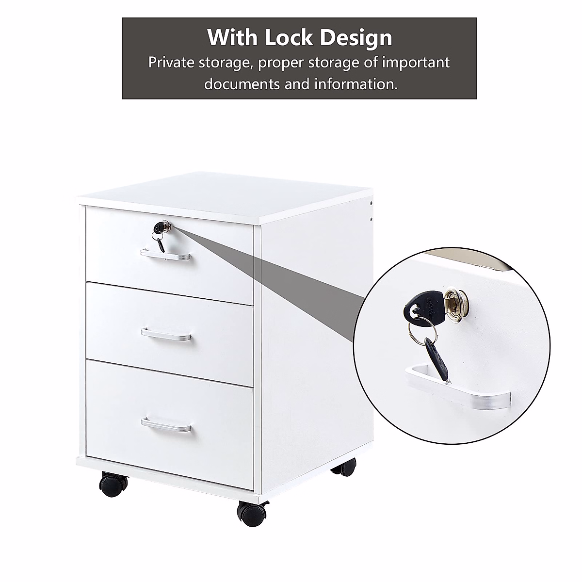 CLIPOP Mobile Office Cabinet with 3 Drawers(1 Lockable), Under Desk Rolling Vertical File Cabinet with 4 Wheels for Letter/Legal /A4 Size Documents, Wooden Storage Cabinet for Home Office (White)