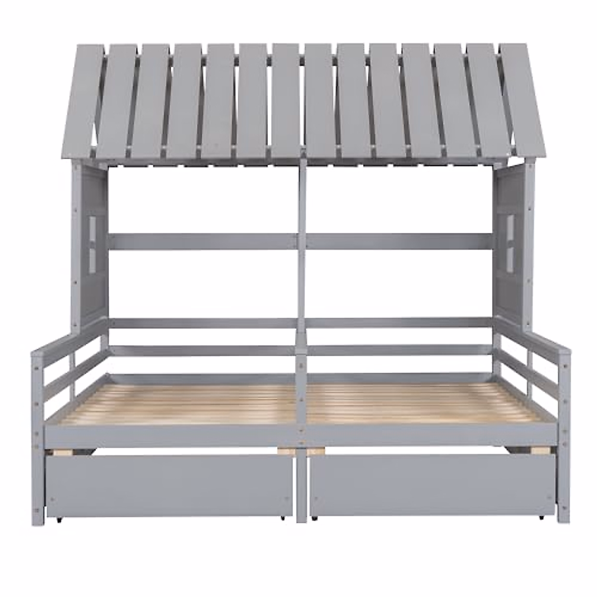 BOVZA Double Beds for 2 Kids, Twin Size House Platform Beds with Two Storage Drawers, Roof and Windows, Boy and Girl Shared Beds, Combination of 2 Side by Side Twin Size Beds, Gray