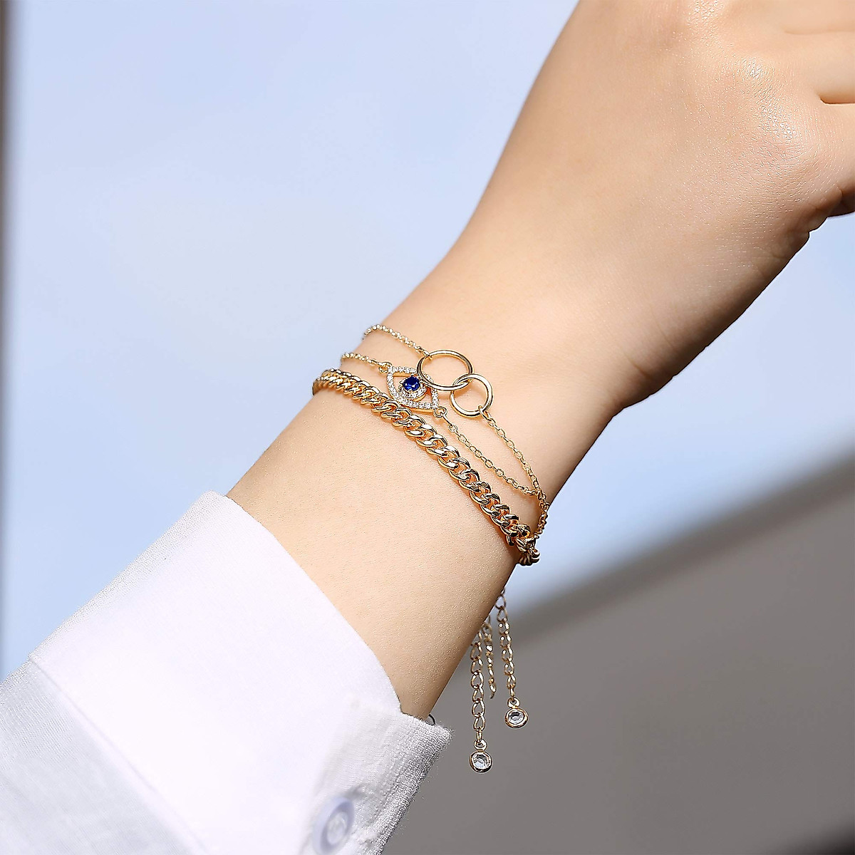 Layered Evil Eye Bracelets for Women, 14K Gold Filled Delicate CZ Evil Eye Bracelet layering Gold Cuban Chain bracelet Infinity Circle Dainty Evil Eye Bracelets for Women Jewelry