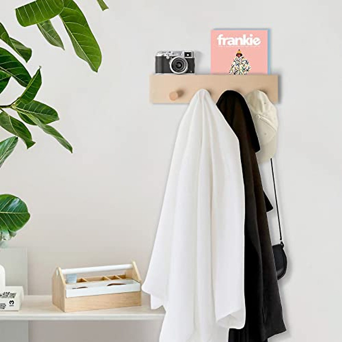 Ligneum Small Wall Shelf with Hooks for Hanging Coats - Wall Mounted Coat Rack and Floating Shelf with Hooks - Apartment Decor Entryway Wall Shelf with Key Organizer and Mail Organizer.