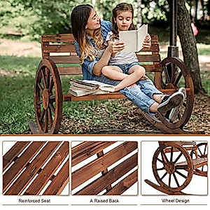 FURNDOOR Outdoor Rocking Chair with Table - Wooden Wagon Wheel Rocking Chairs Patio Double Rocker Chair Wood Patio Bistro Set for Porch Bench, Rustic