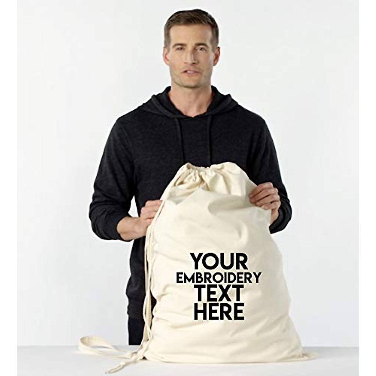 Custom Cotton Laundry Bags - Add Your Embroidered Name or Monogram - Personalized Large Drawstring Washable Hamper Tote for College, Dorms, Bathroom Organizer, Travel