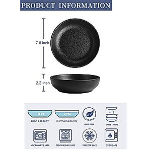 YJR Ceramic Pasta Bowls, Salad Bowls, Large Serving Bowl Set, Wide and Shallow - 35 Ounce, Set of 4, Matt Black