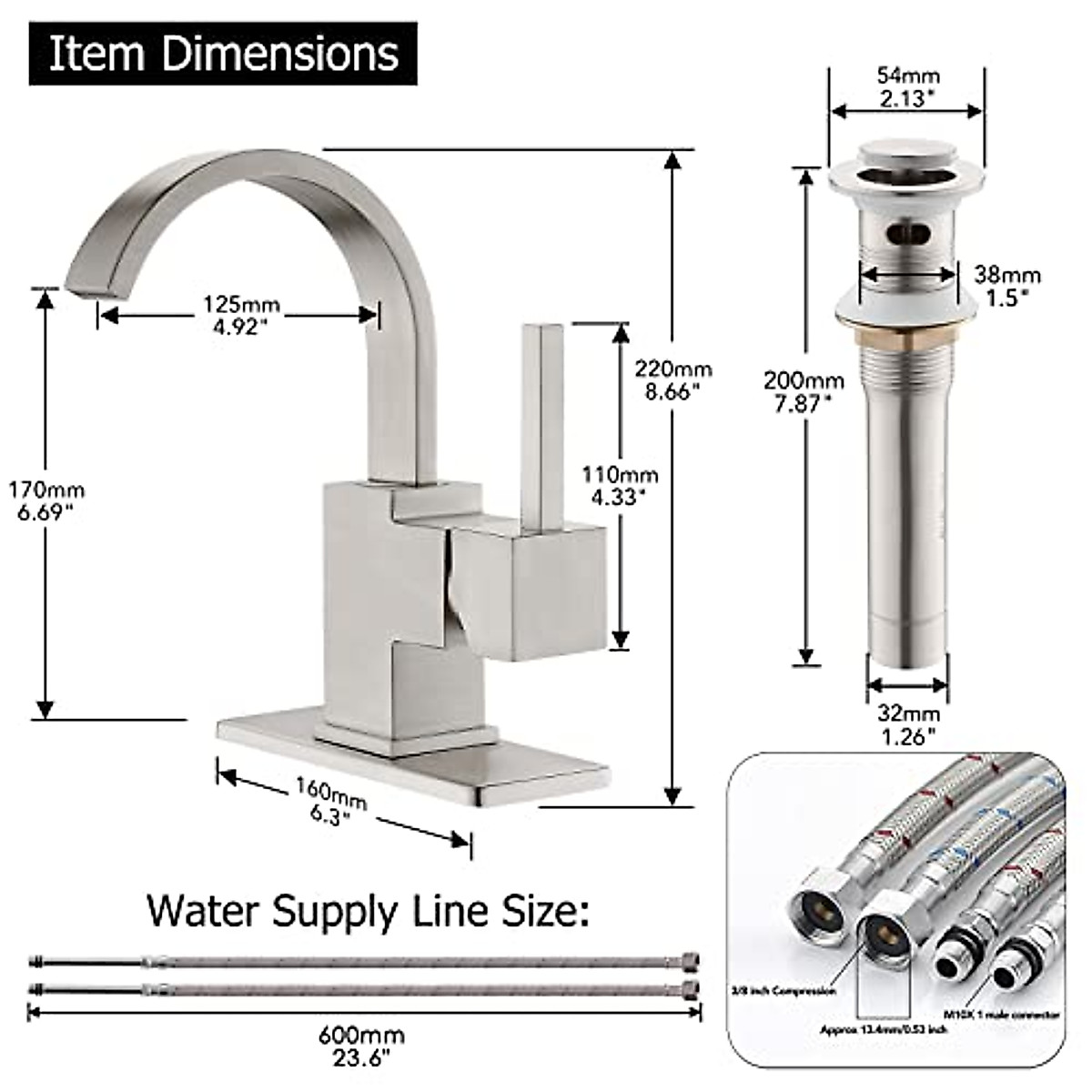 Brushed Nickel Single Hole Bathroom Faucet, Waterfall Single Handle RV Bathroom Faucet Fit for 1 or 3 Hole, with Deck Plate, Swivel 360 Degree Spout, Pop Up Drain and Water Supply Line, SGF05-BN