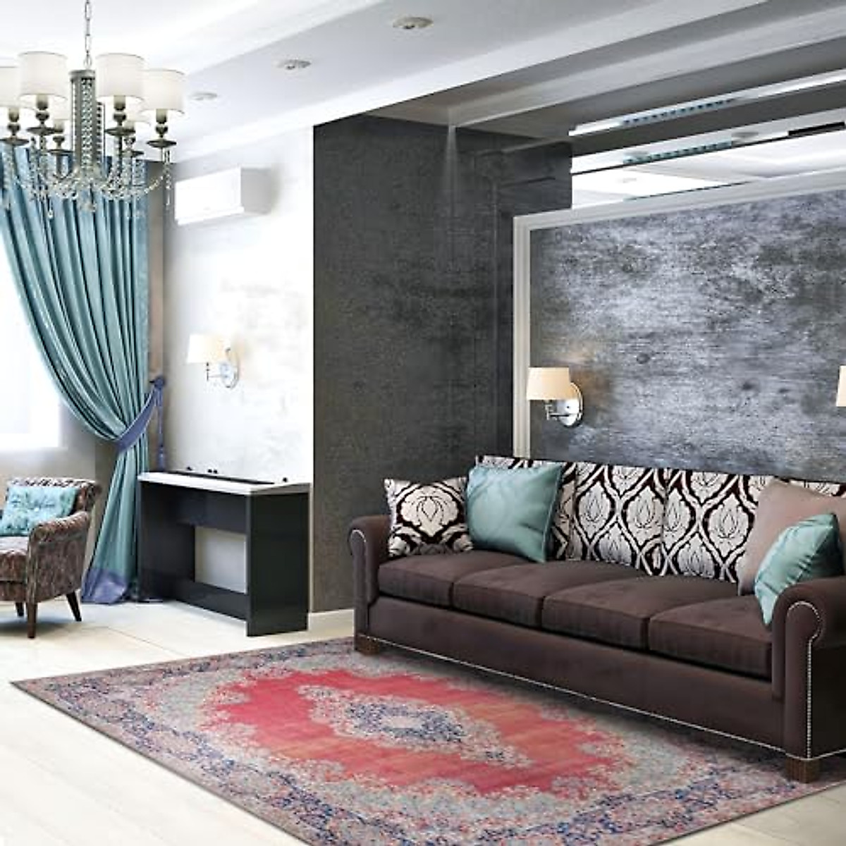 DECOMALL Maila Washable Rug Indoor 5x8, Rugs with Rubber Backing, Non Slip Area Rug, Foldable Rug Thin, Traditional Bohemian Red Rug for Bedroom, Living Room, rv Carpet, Machine Washable Carpets