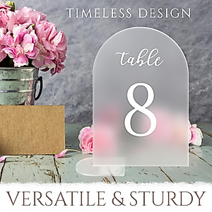 17 Pieces Wedding Table Numbers with Stands, Table Numbers 1-15 with Head Table and Gift Table, 5x7 Inch Frosted Arch Acrylic Table Numbers with White Letters, Table Numbers for Wedding Reception