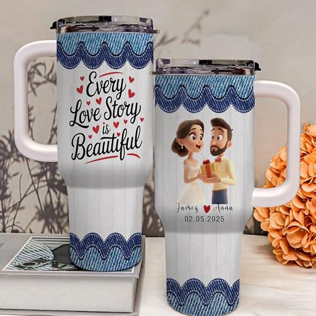 Custom 40oz Tumbler with Handle – wedding kiss-Personalized Couple Gift for Anniversary Wedding Gift, Birthday, Mother's Day, Valentine’s Day v2es8D