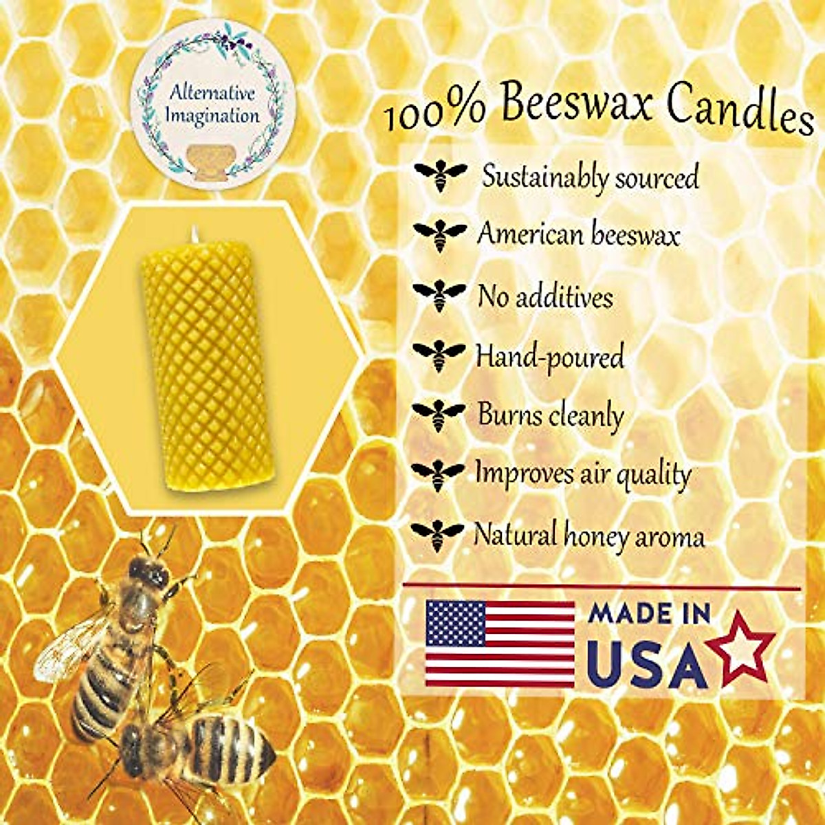 Alternative Imagination 100% Pure Beeswax Diamond Pillar Candles (2x4 Inch), 3 Pack, 20 Hour Burn Time, Hand-Poured, Made in USA (Yellow)