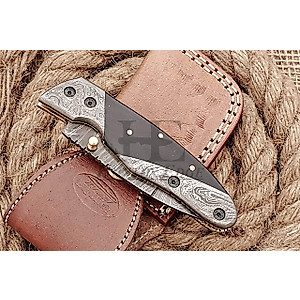 HUNTEX Custom Handmade Hand-Forged Twist Pattern Damascus Steel 4 Inch Long Natural Walnut Wood Handle Razor Sharp Hunting Folding Pocket Spear Knife with Pocket Clip & Genuine Leather Pouch