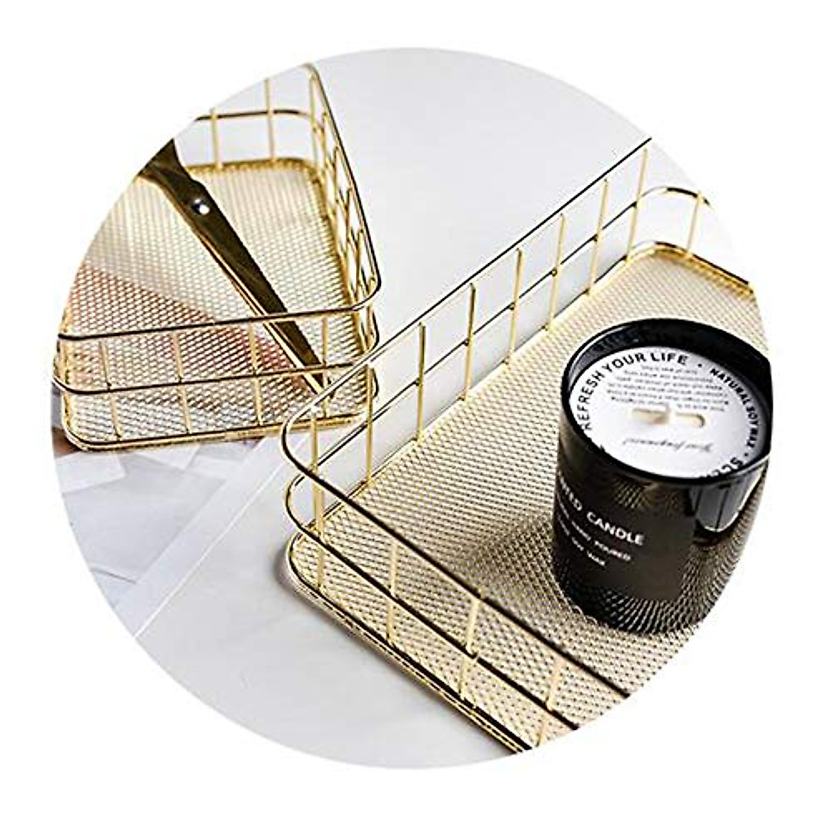 GYY Gold Desktop Metal Storage Basket Storage Box Iron Grid Storage Tray Net Basket Storage Bins for Home Decoration (Large)
