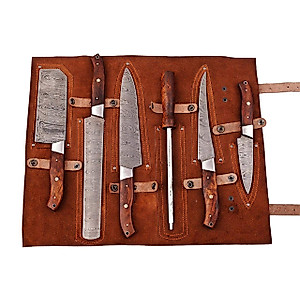HM-(Brown) Custom Made Damascus Steel #6 Pcs of Professional Utility Kitchen knives Set Comes with Sweet Leather Roll Kit (3712)