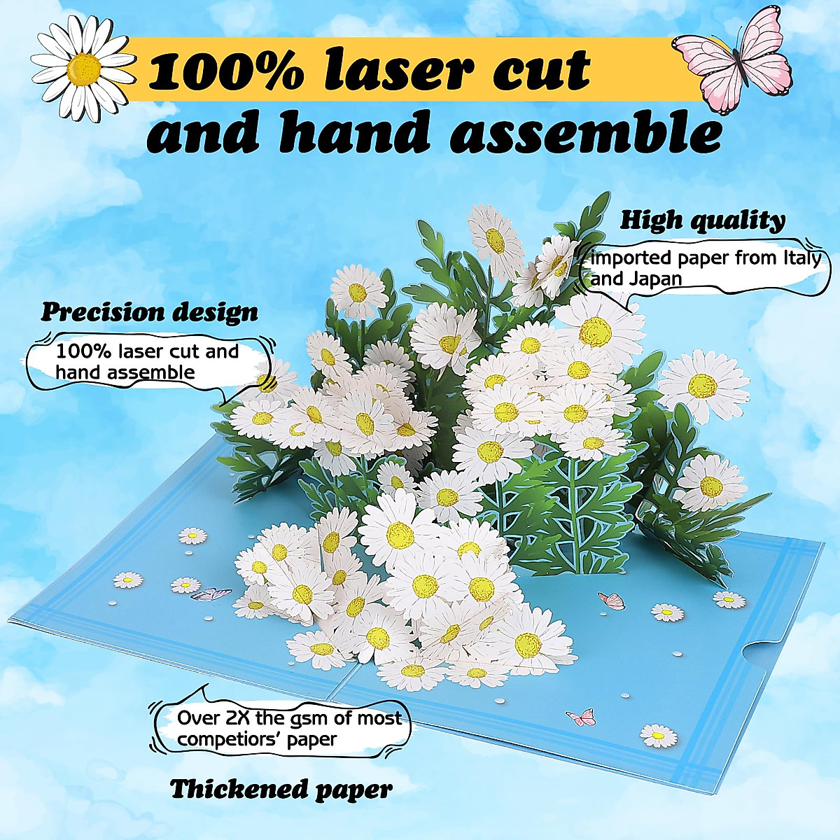 Omgpeike 3D Daisy Flowers Pop Up Card for Teacher Appreciation Gifts, Thank You, Congratulations, Suitable for Mom, Daughter, Wife, Grandma