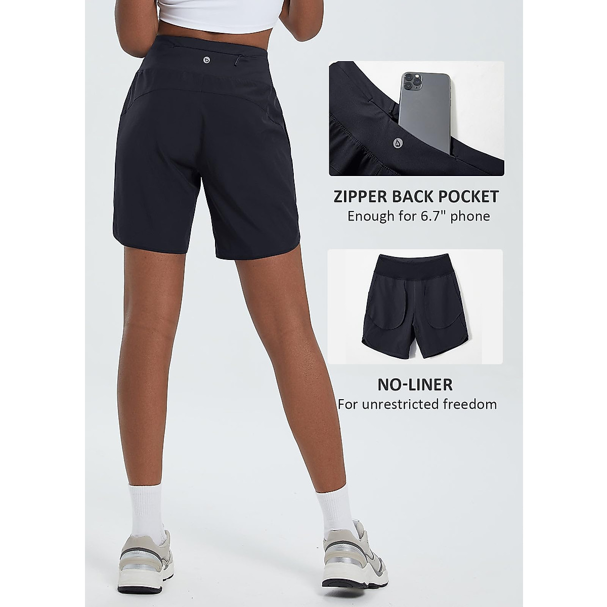 BALEAF Women's 7" Long Running Shorts Athletic Workout Gym Quick Dry Hiking Shorts High Waisted Zipper Pocket Black L