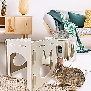 kathson Wooden Rabbit Castle Small Animals Hideout Bunny Playhouse Tunnel with Bridge Windows Spacious and Breathable Indoor Castle for Bunnies, Cat, Guinea Pig