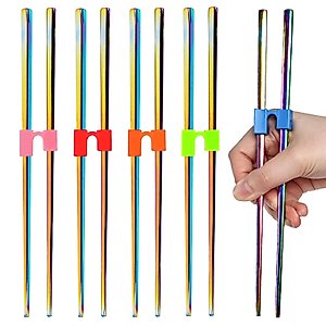 KIDSFANTASY 5 Pairs Non-slip Training Chopsticks Iridescent Chopsticks with Chopstick Helpers Chopsticks Holder for Adult Trainers Beginners(Bright Colors,Stainless Steel)