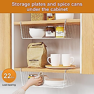 Bellsal Under Shelf Basket, 4 Pack Metal Hanging Wire Shelf Under Shelf Storage, Slides Under Cabinet Shelf, Space Saving for Kitchen Pantry Office Bathroom Bookshelf Under Shelf Organizer, White