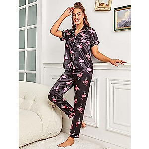 WDIRARA Women's 2 Piece Sleepwear Striped Satin Short Sleeve Shirt and Pants Pajama Set Animal Black M
