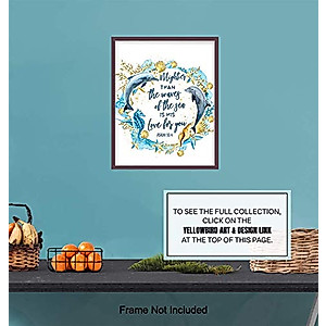 Ocean Dolphins Bible Verse Religious Wall Art - Inspirational Quote Christian Scripture Room Decoration for Bathroom, Bedroom - Nautical Beach House Poster - Mightier Than the Waves Blue Wall Decor