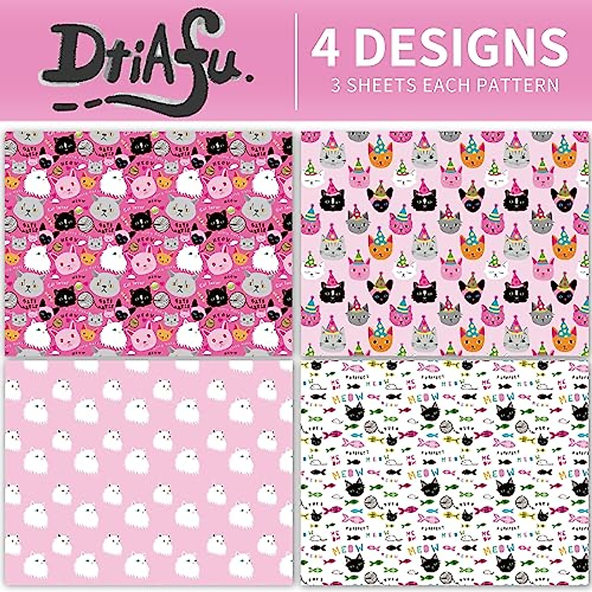 Dtiafu Cat Wrapping Paper for Girls Kids Women - 12 Sheets Pink White Gift Wrap with Cat Fish Patterns for Birthday Baby Shower Cat Party - 20 x 28inch Per Sheet