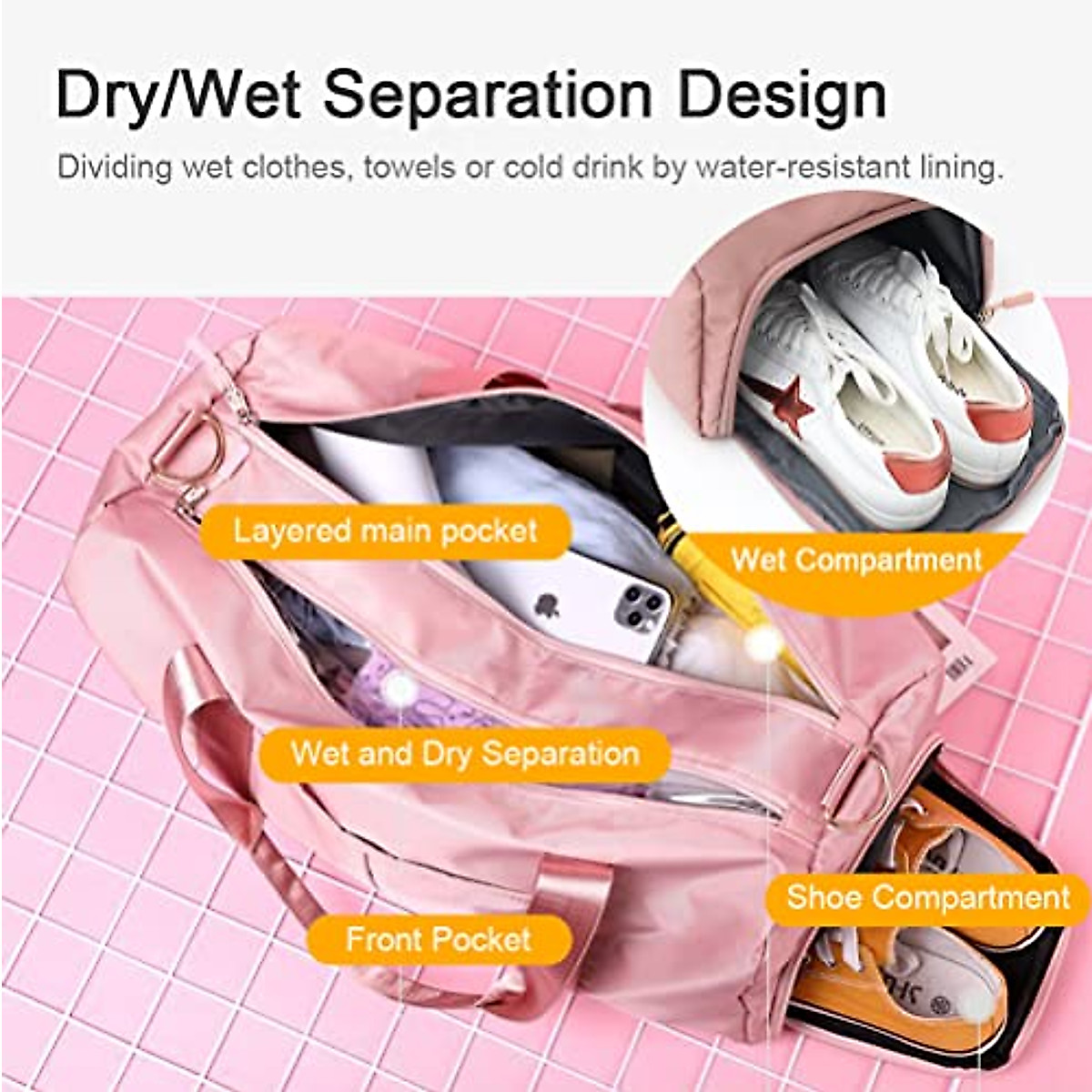 Uorbeay Gym Bag for Women and Men, Lightweight Duffel Bag for Sports, Gyms, Swimming, Yoga and Weekend Getaway, Waterproof Tote Bags with Wet Pocket and Shoes Compartment (Pink)