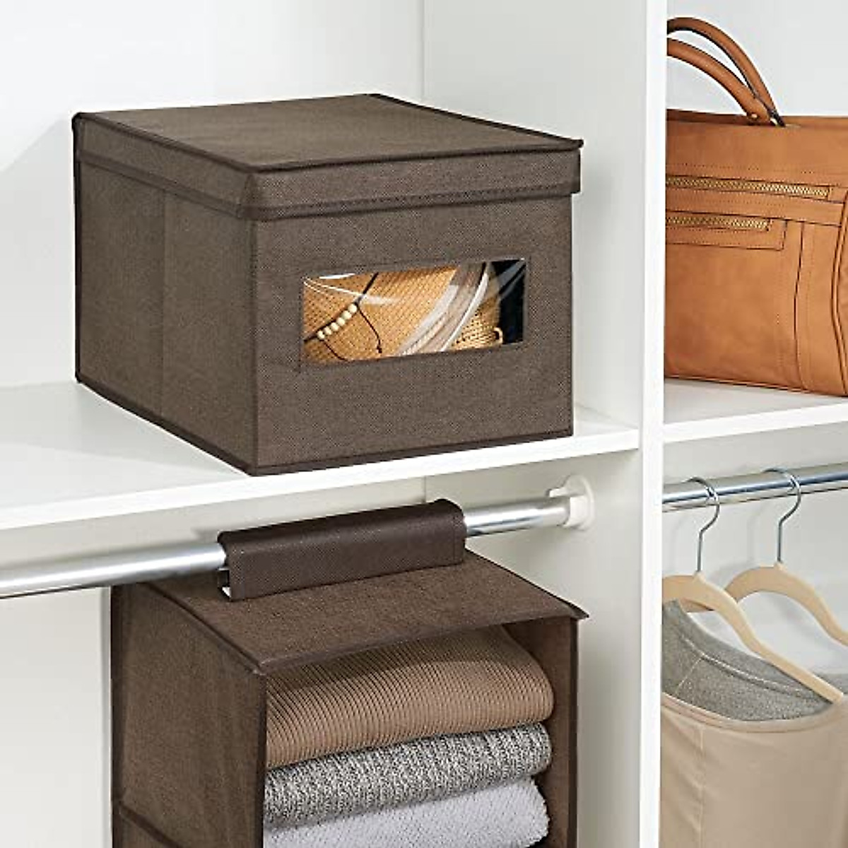 mDesign Large Fabric Stackable Closet Organizer Box with Clear Window/Lid for Bedroom, Office, Bathroom, Mudroom Organization - Shoe, Sweater, Clothes Storage, Lido Collection - Espresso Brown